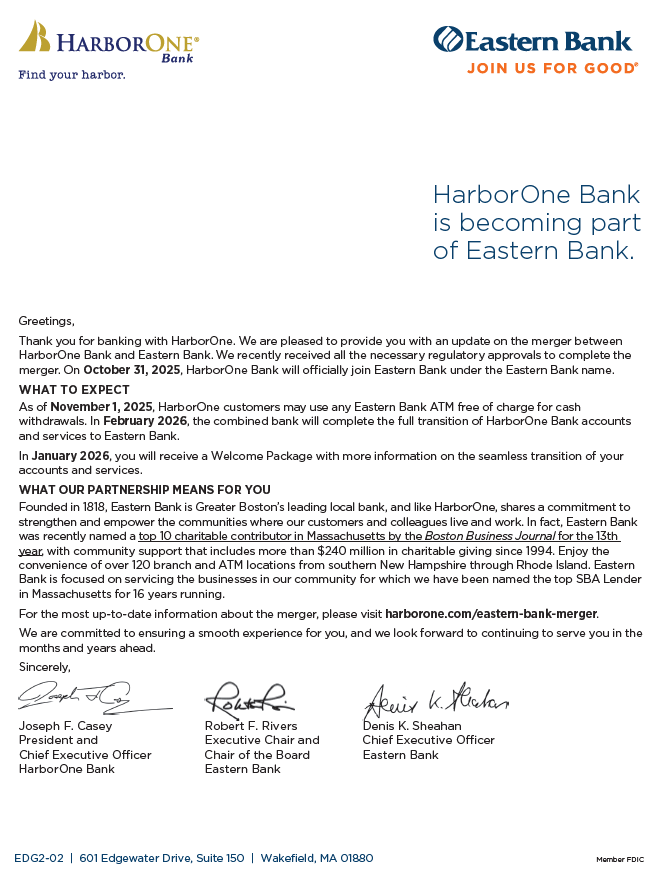 HarborOne and Eastern Bank - HarborOne Bank
